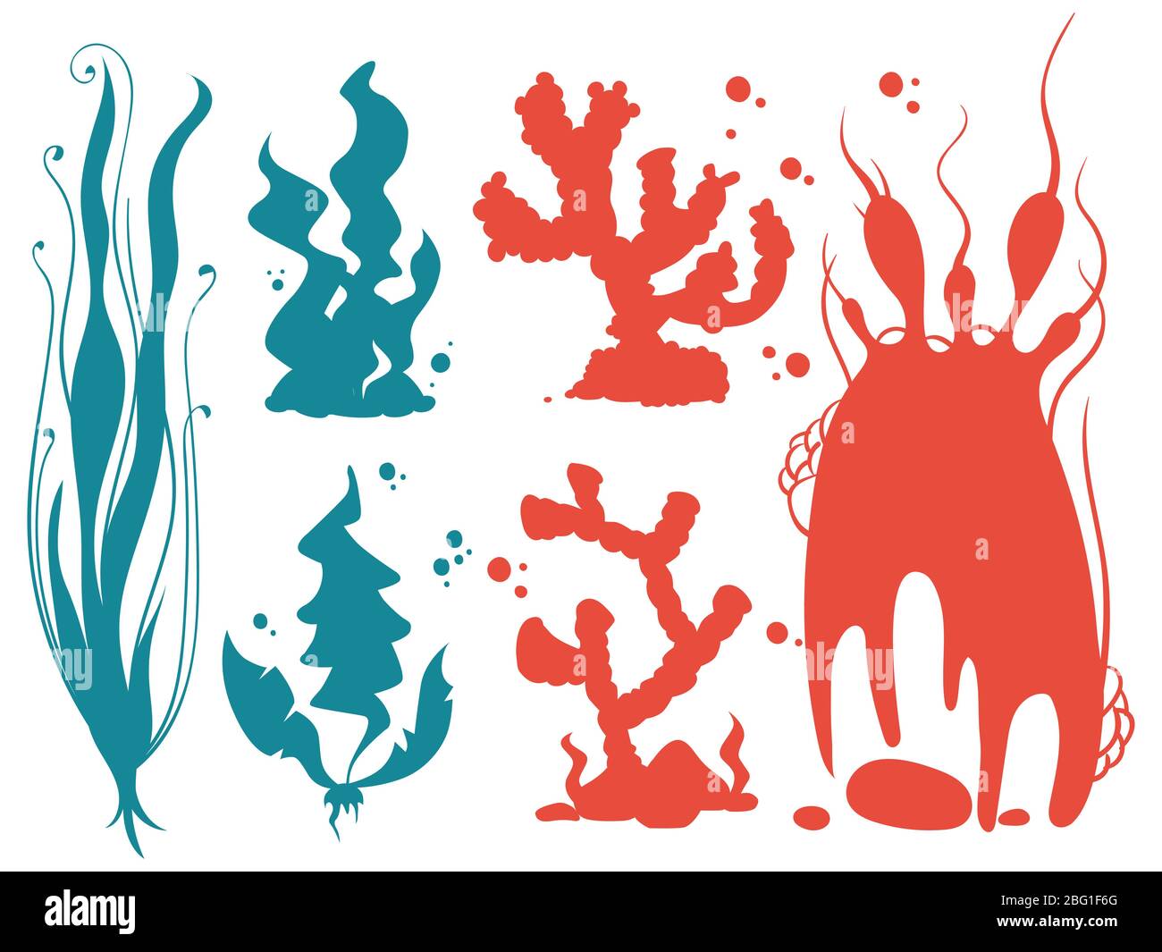 Underwater plants and corals silhouettes isolated on white background ...