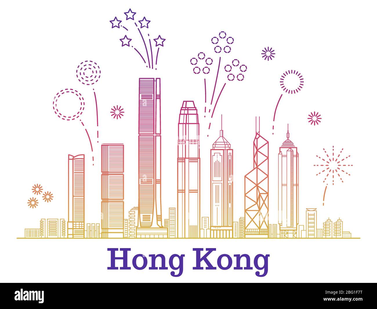 Hong kong city vector panorama with colorful festive fireworks. Hong ...
