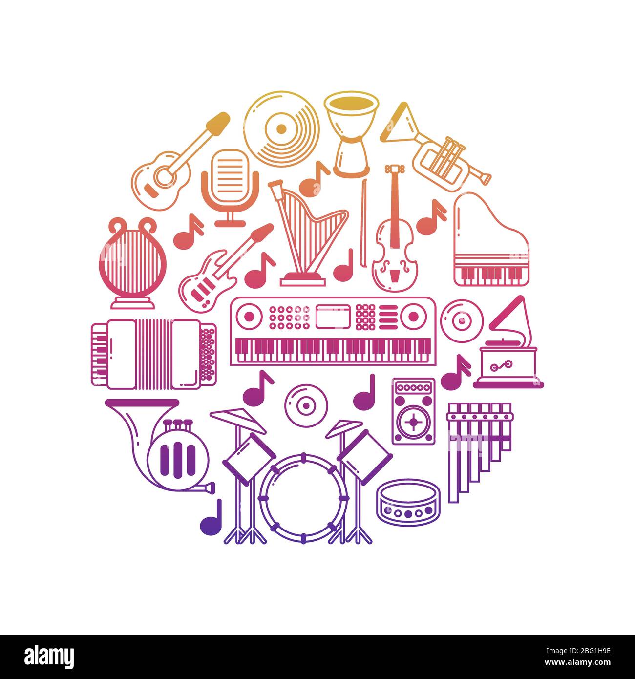 Bright vector music poster with musical instruments icons in round ...