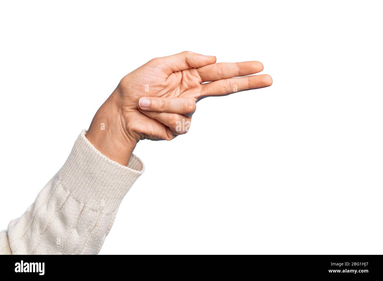 Hand of caucasian young man showing fingers over isolated white ...