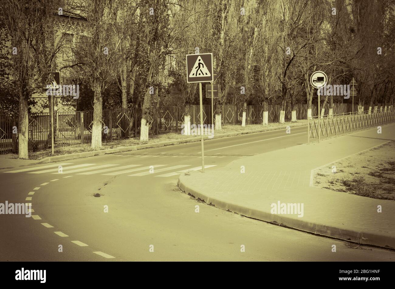 Empty city streets. Road, sidewalk, pedestrian crossing without people ...