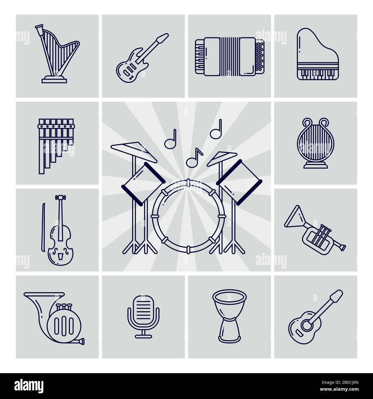 Linear musical instruments vector icons set isolated on gray ...