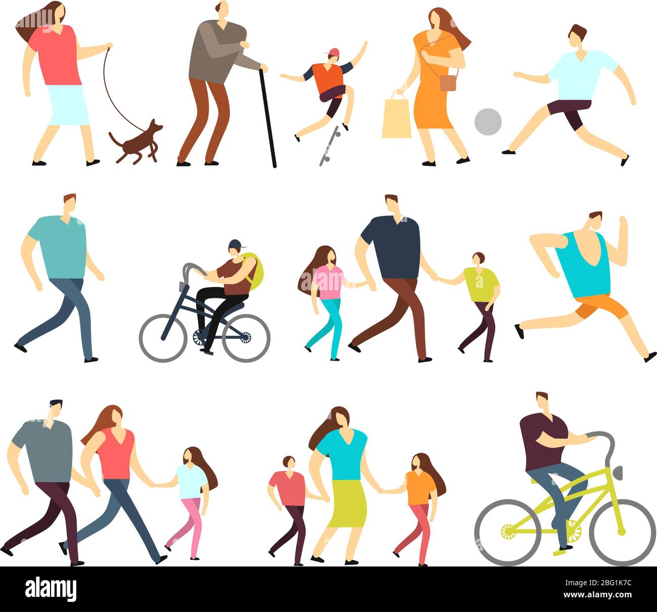 Men and women walking outdoor. Vector cartoon active characters in ...