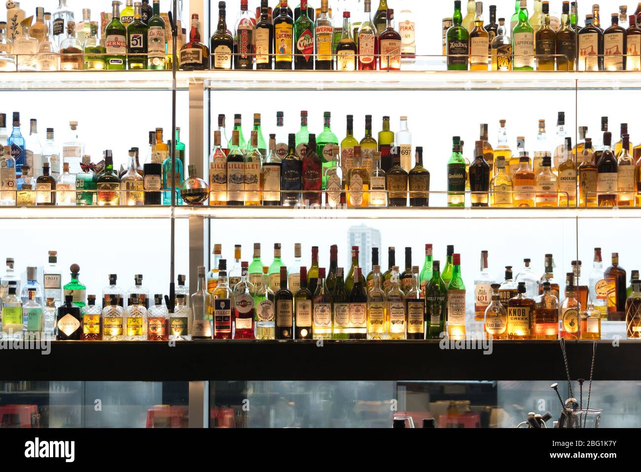 Milan,Italy-April 14, 2019:Bottles of various spirits on display at a ...