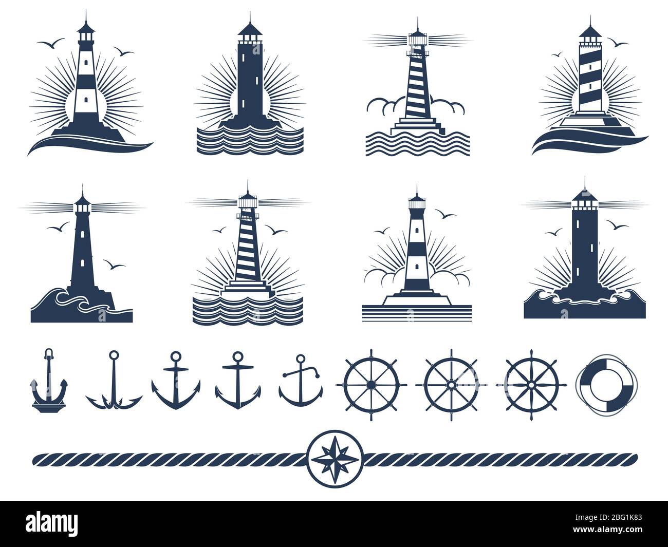 Nautical logos and elements set - anchors lighthouses rope. Vector ...
