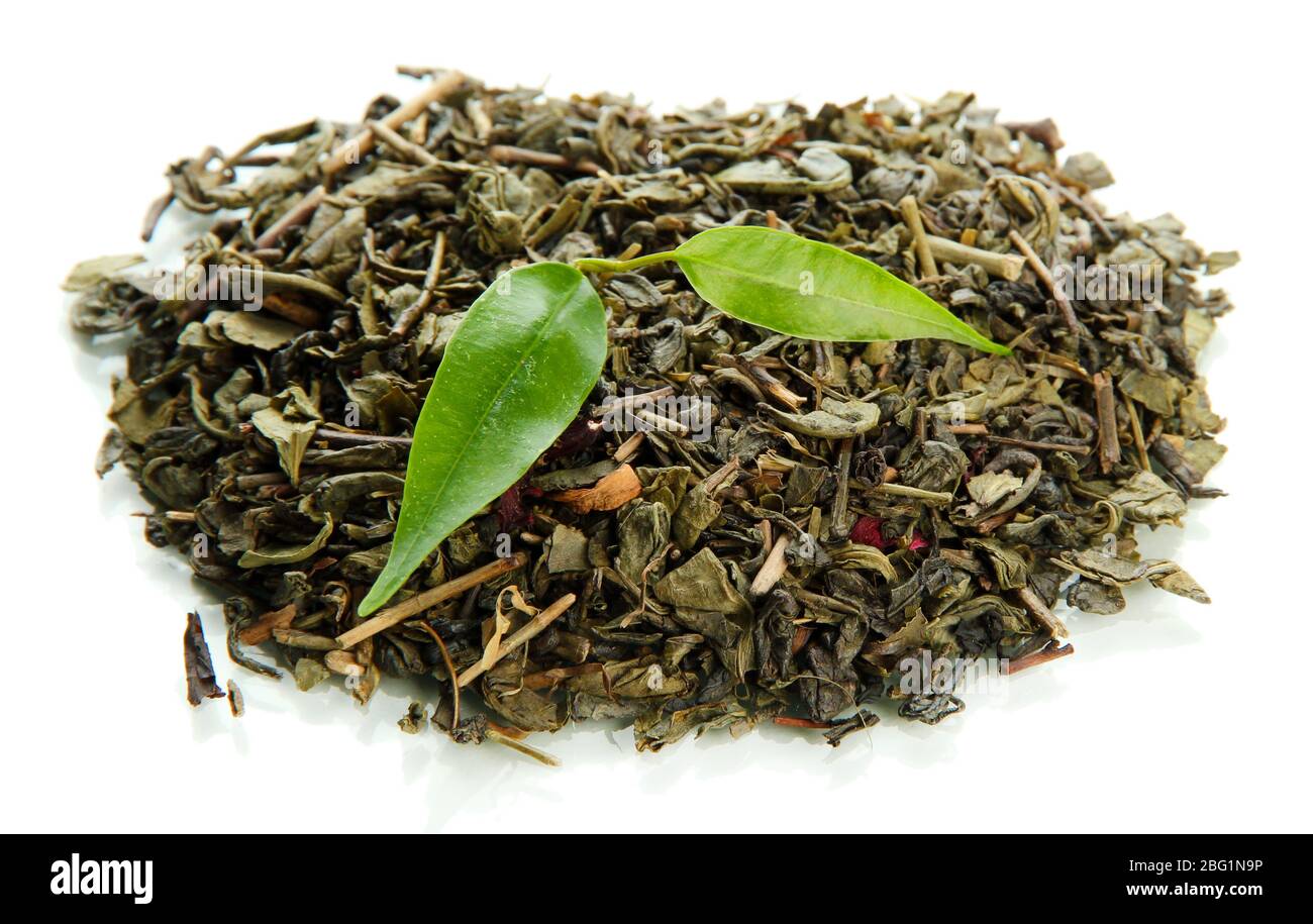 Dry tea with green leaves, isolated on white Stock Photo - Alamy