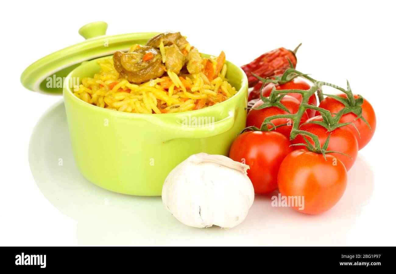 Delicious pilaf with vegetables isolated on white Stock Photo - Alamy