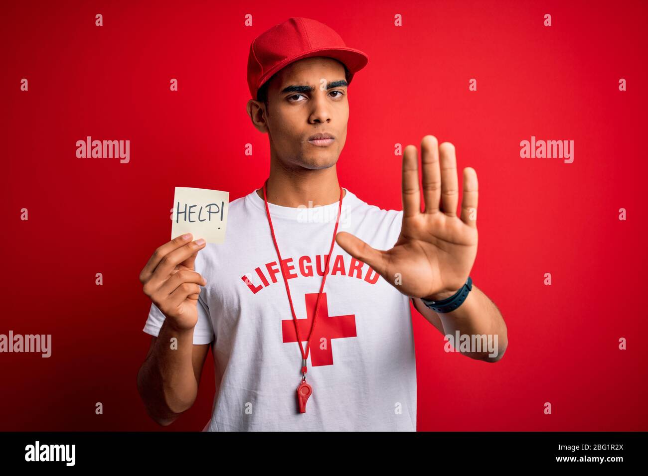 Young handsome african american lifeguard man wearing whistle holding ...
