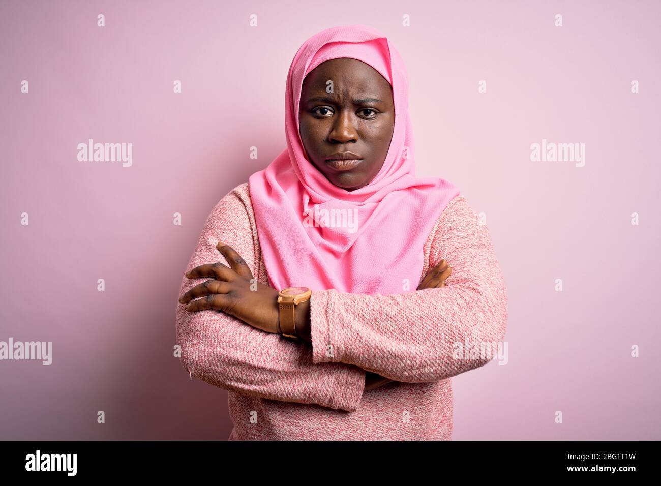Young african american plus size woman wearing muslim hijab over ...