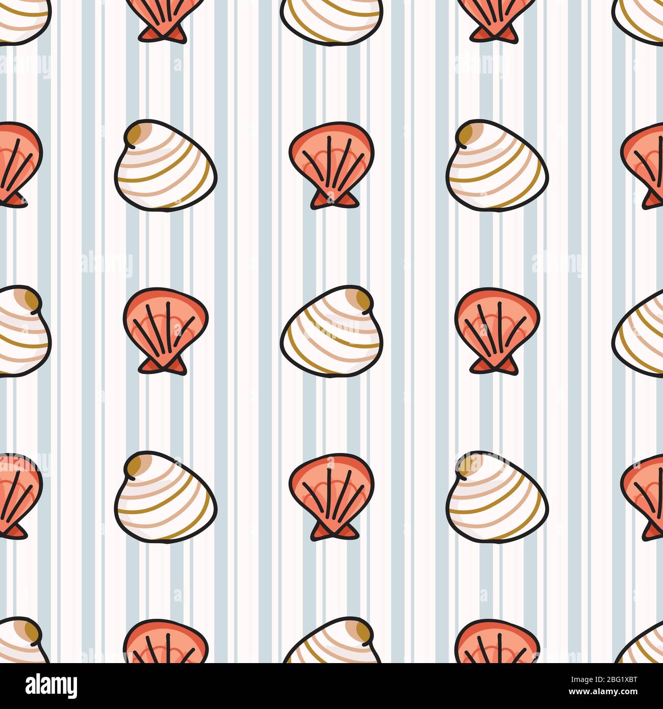 Cute sea shell cartoon seamless vector pattern. Hand drawn spiral clam ...