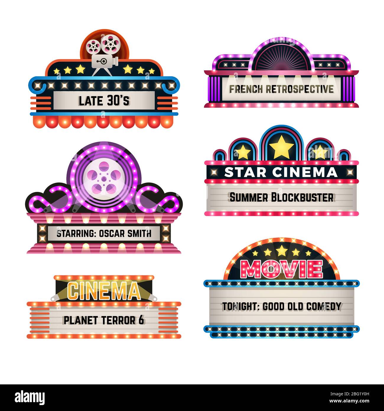 American motel and movie retro signs with light frame. Vintage casino ...