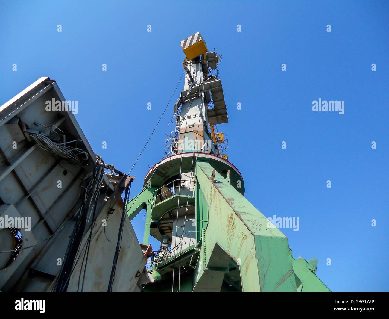 Harbor Crane collapse. Damages port crane after a strong storm. Harbor ...