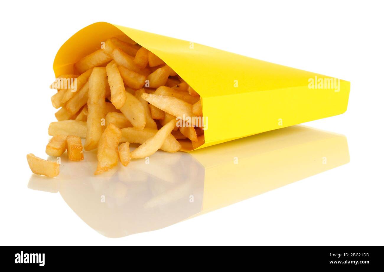 French fries in paper bag isolated on white Stock Photo - Alamy