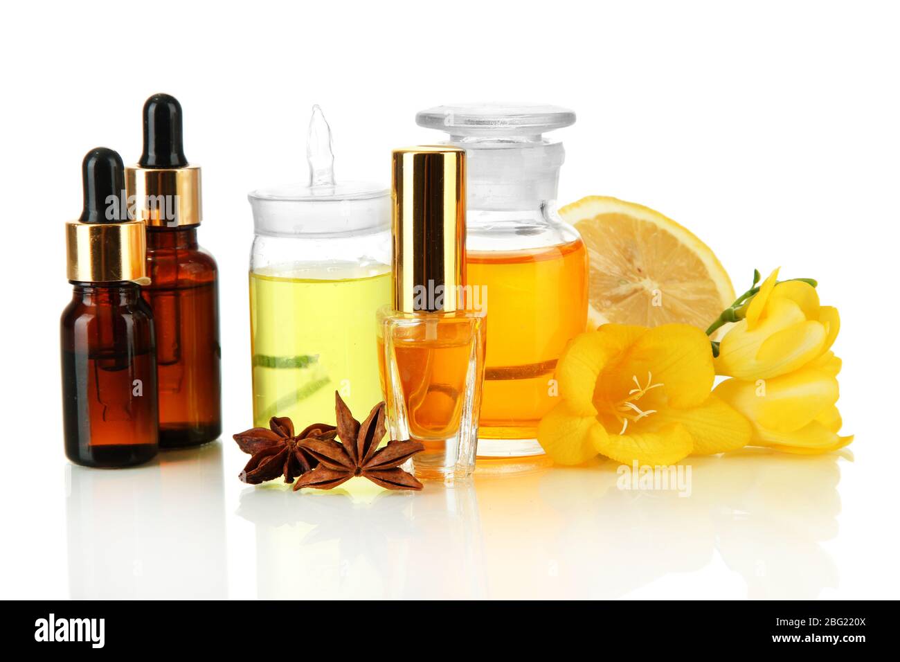 Bottles with ingredients for the perfume, isolated on white Stock Photo ...