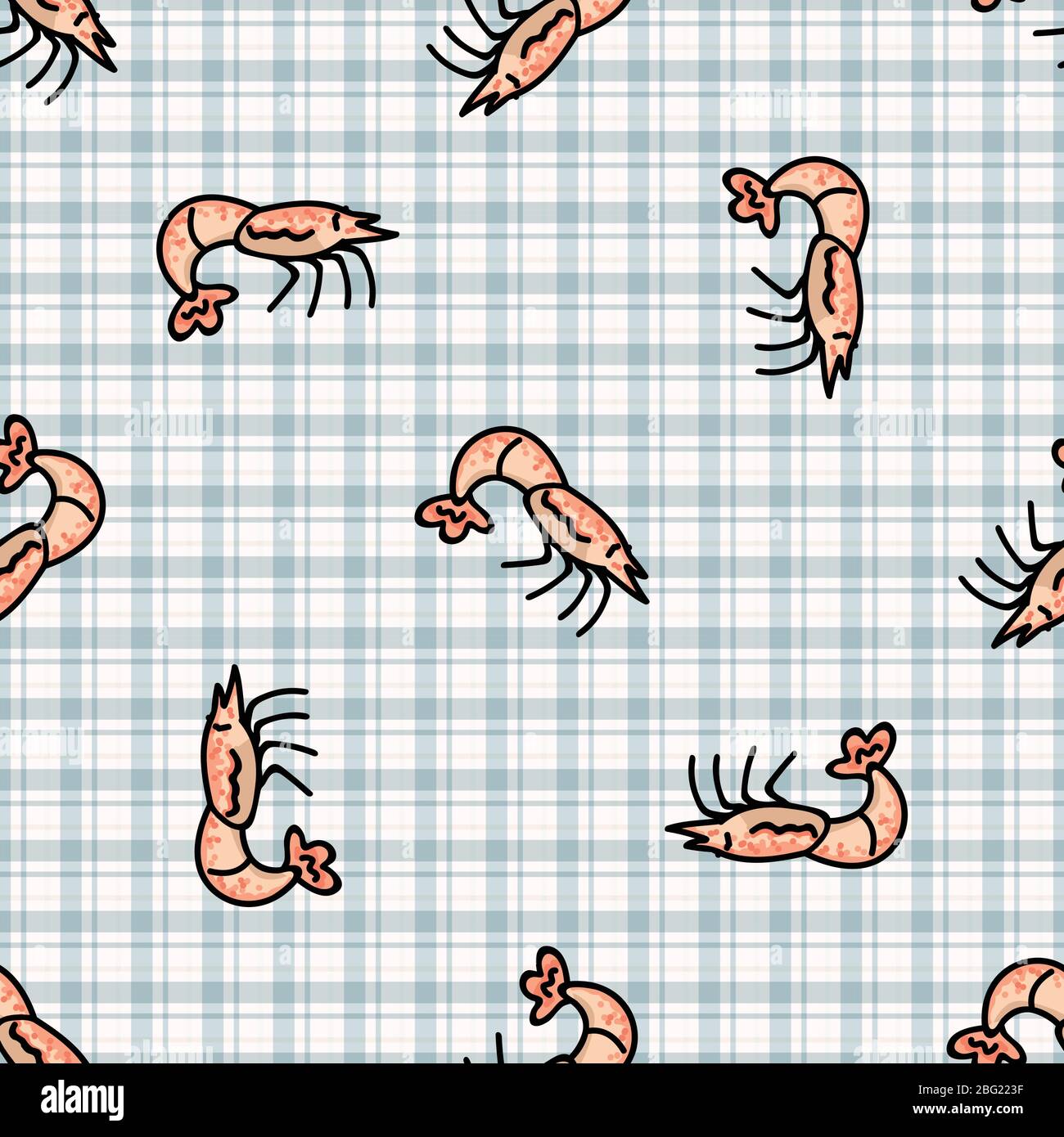 Cute pink shrimp cartoon seamless vector pattern. Hand drawn crustacean ...