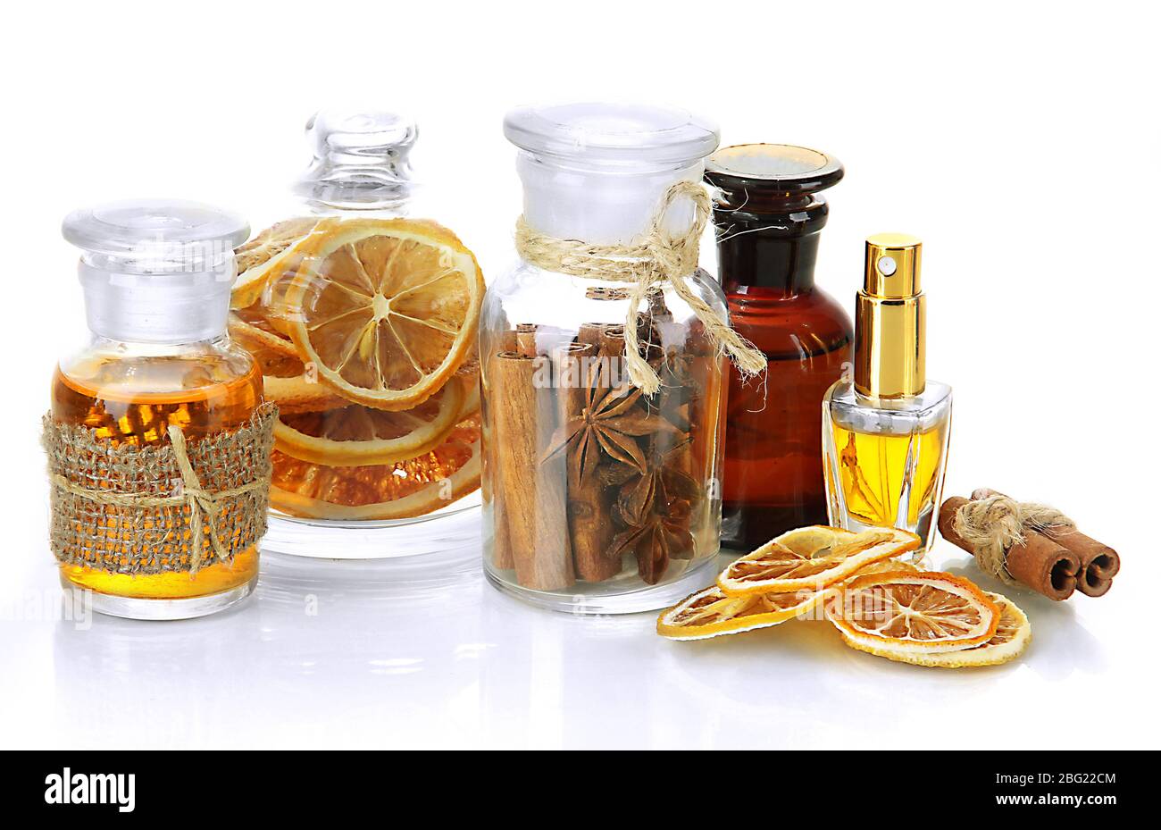 Bottles with ingredients for the perfume, isolated on white Stock Photo ...
