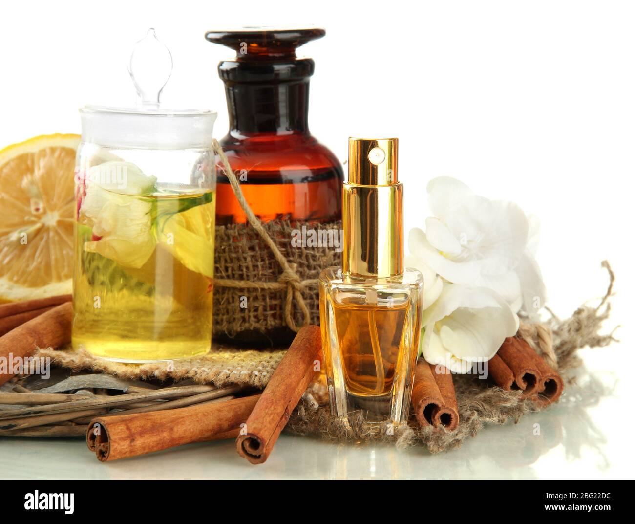 Bottles with ingredients for the perfume, isolated on white Stock Photo ...