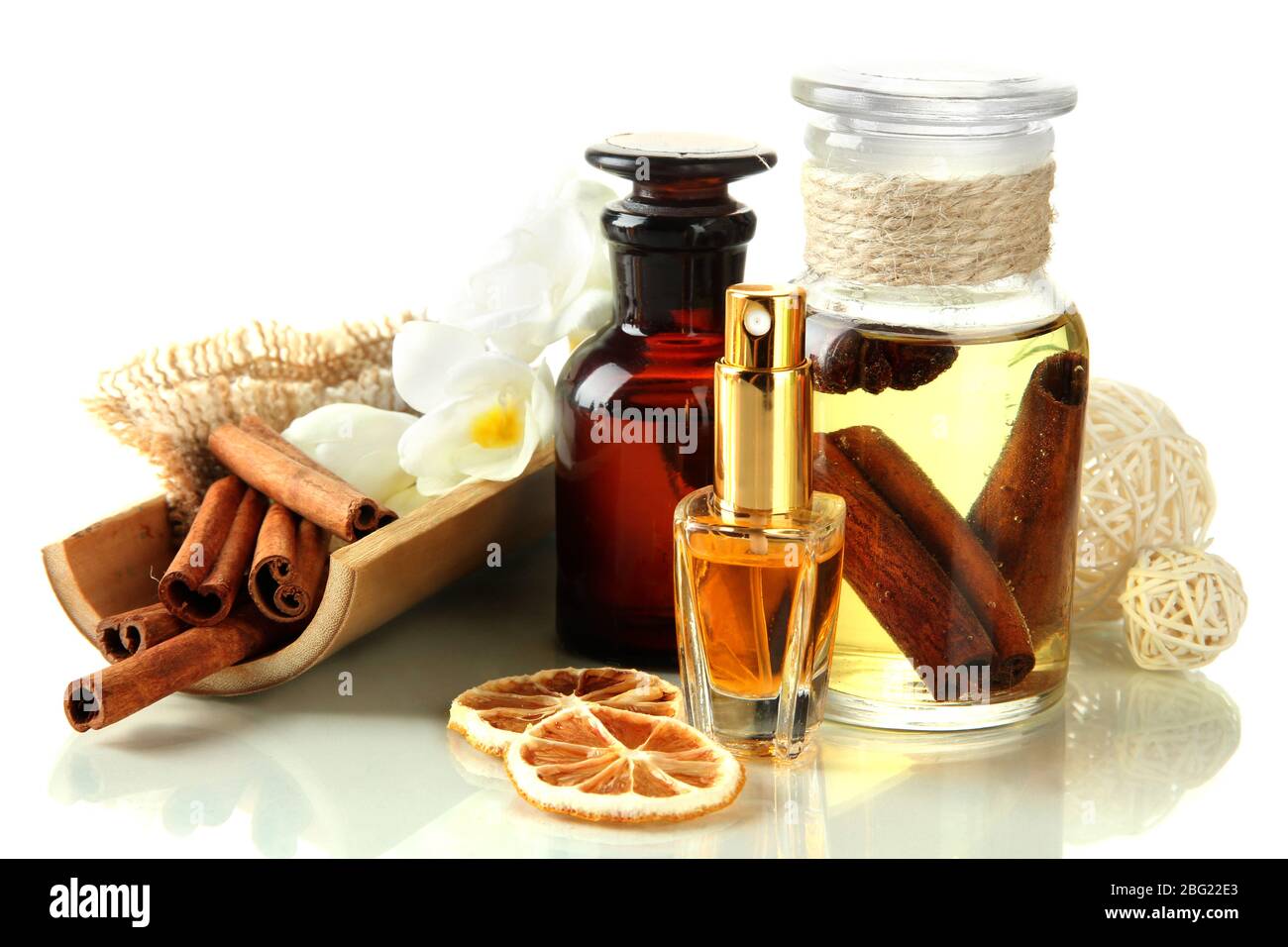 Bottles with ingredients for the perfume, isolated on white Stock Photo ...