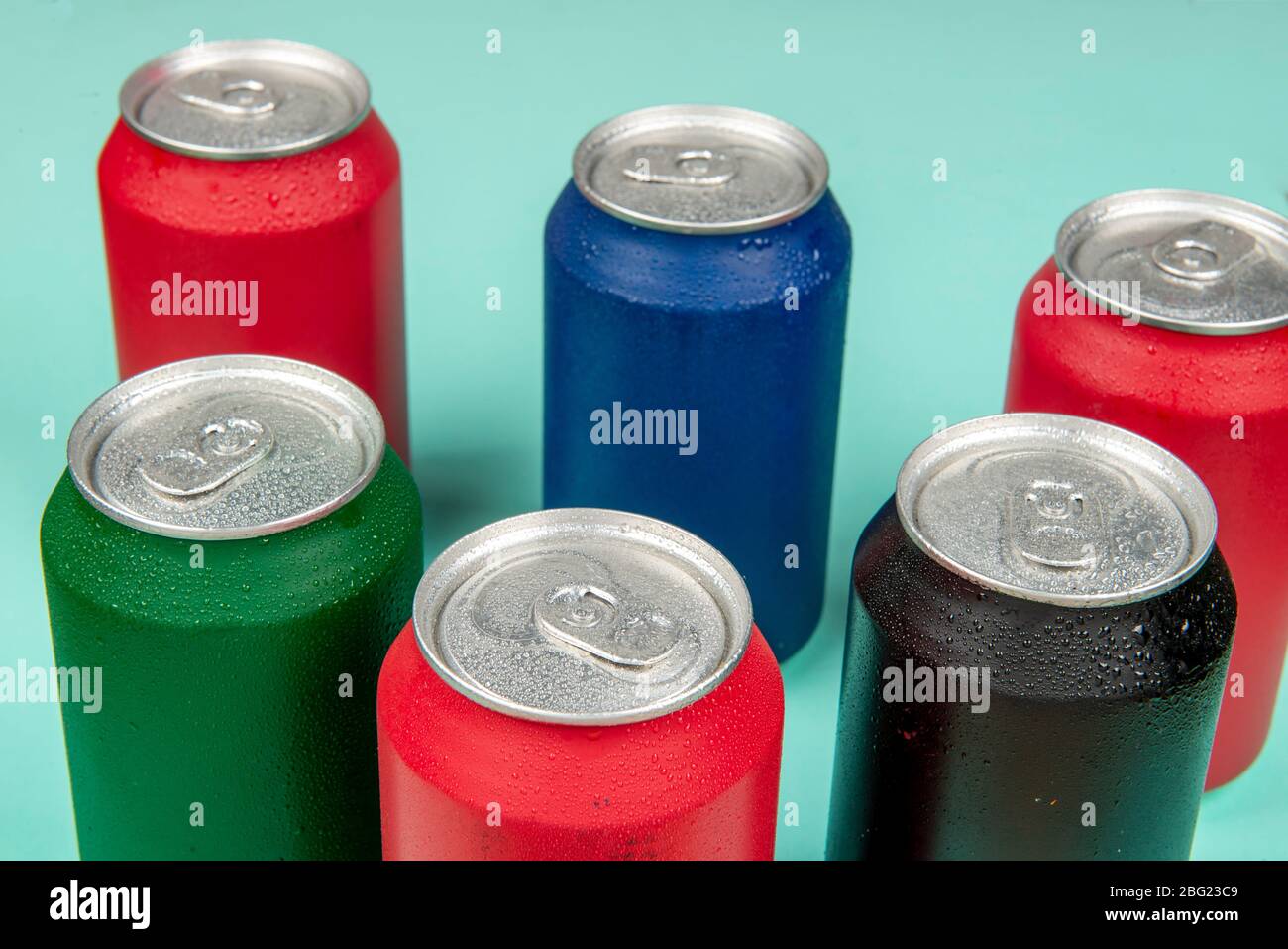 Six cold cans of soda in different colors with water drops Stock Photo ...