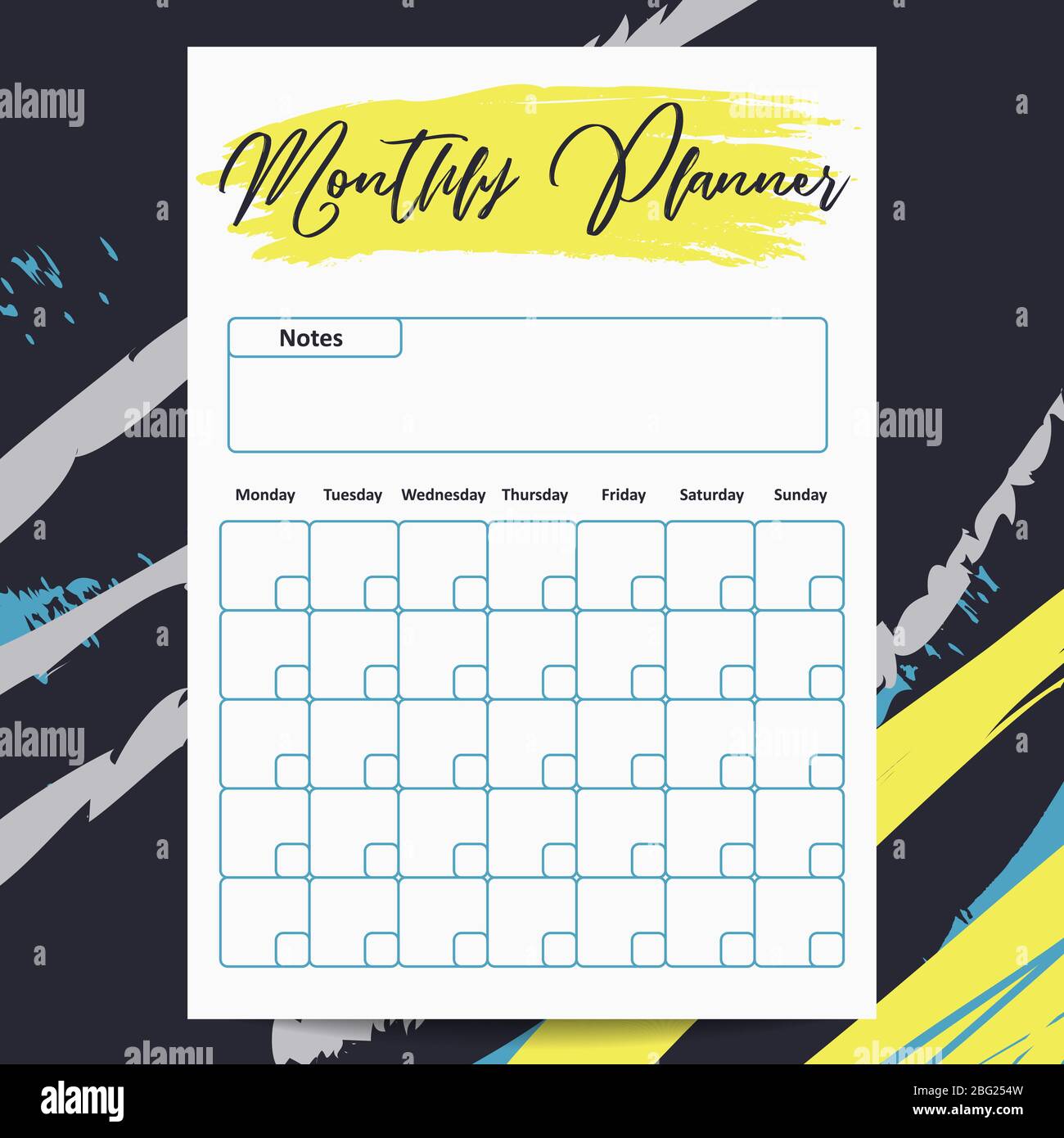 Monthly planner template with abstract grunge elements isolated. Vector ...
