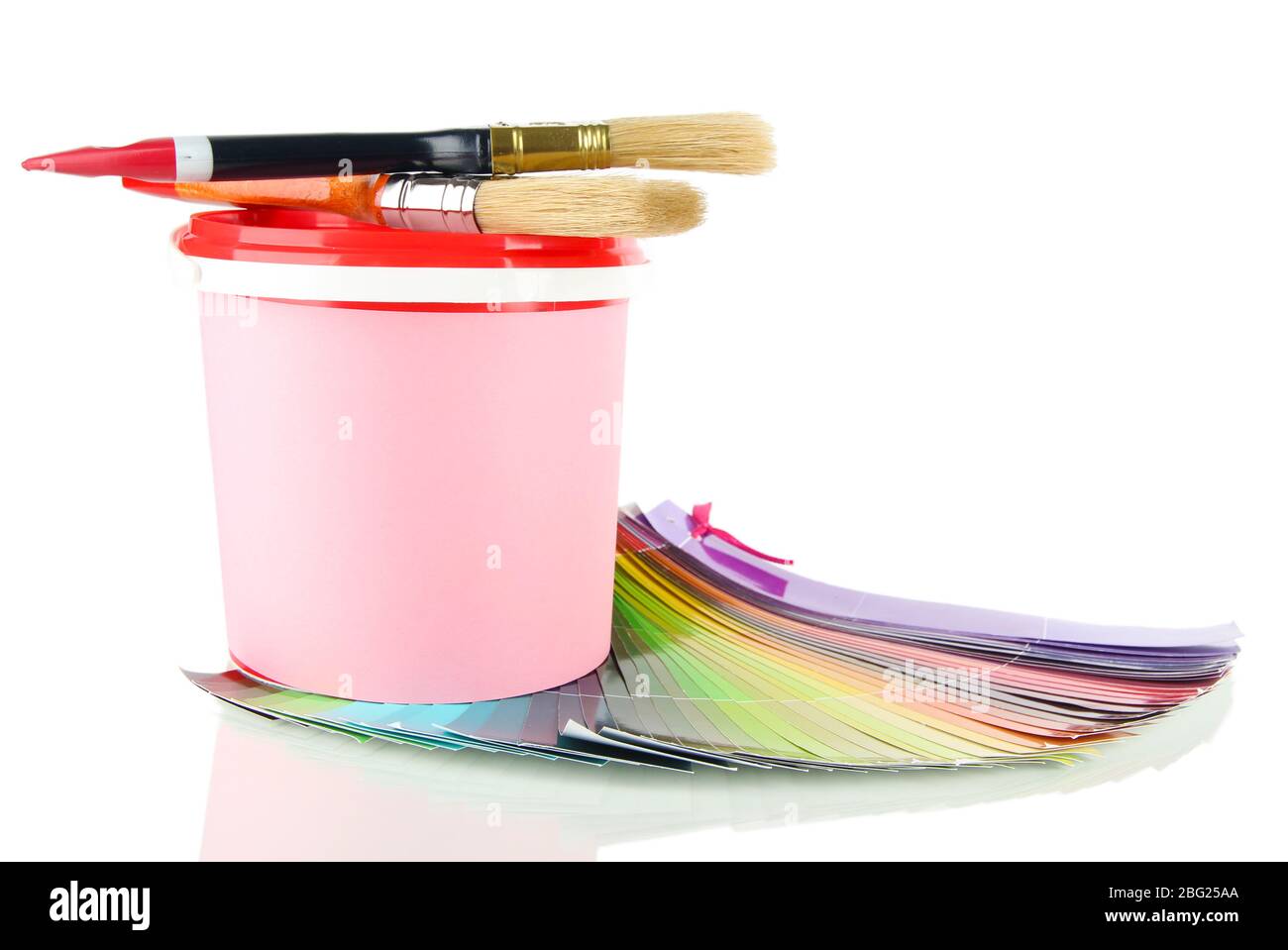Paint pot, paintbrushes and coloured swatches isolated on white Stock ...
