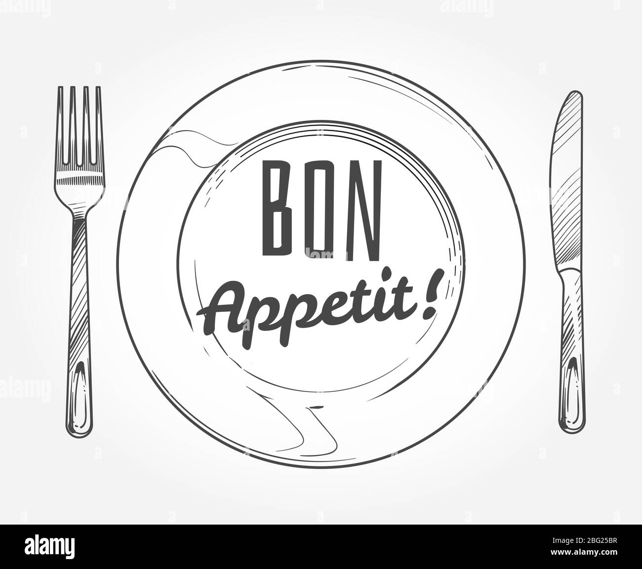 Dinner plate with knife and fork. Doodle sketch tableware and dish ...