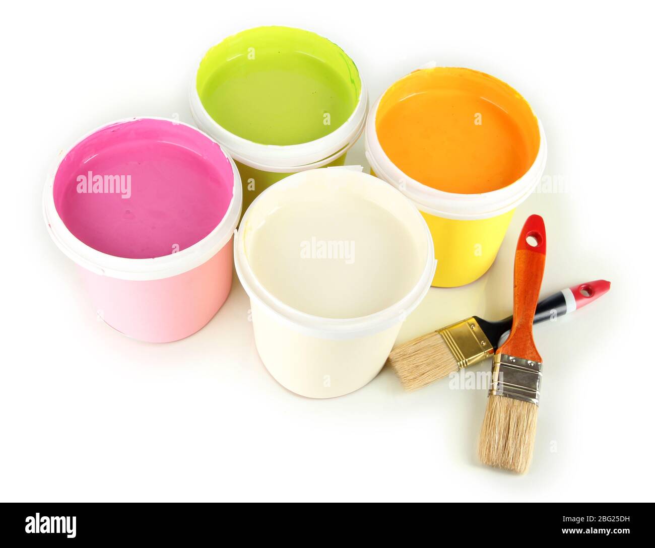 Paint pots and brushes isolated on white Stock Photo - Alamy