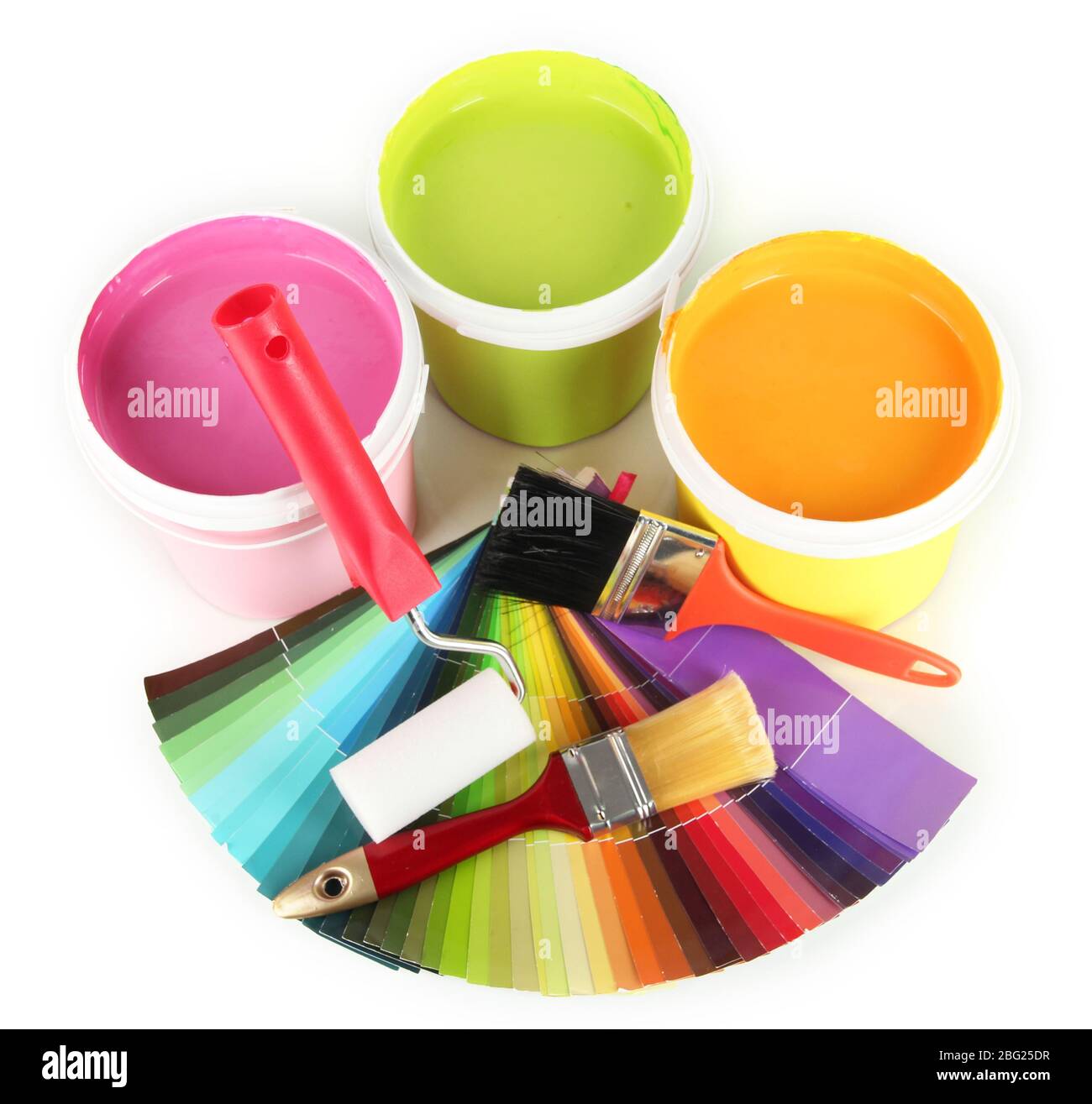 Paint pots, paintbrushes and coloured swatches isolated on white Stock ...