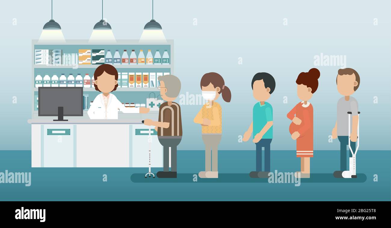 Pharmacy with pharmacist and customer queue vector illustration Stock ...