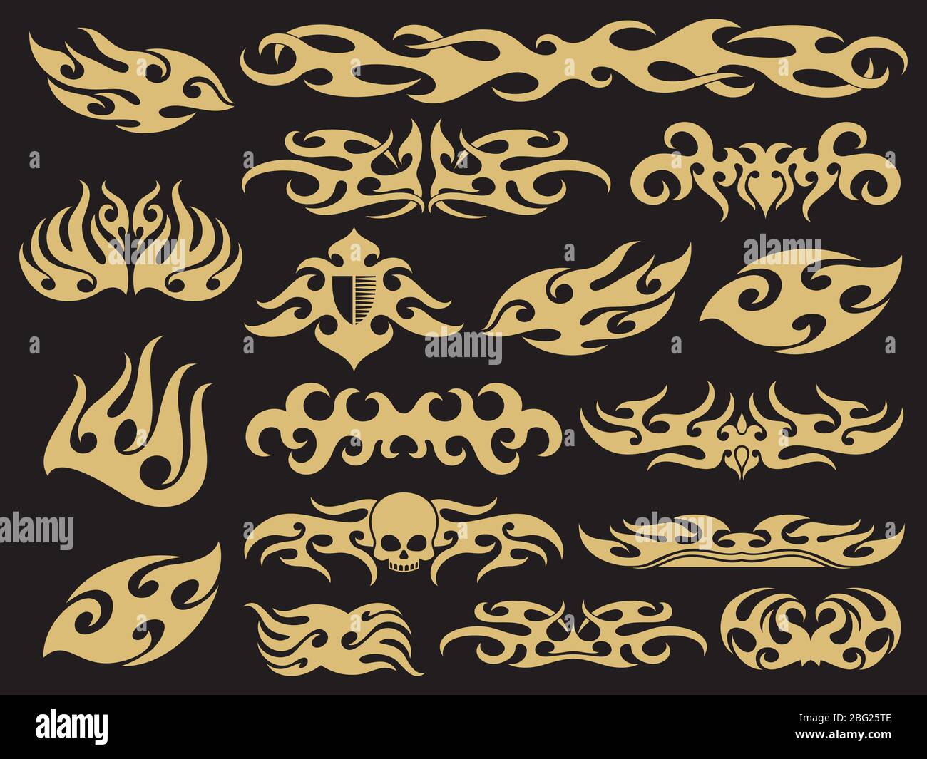 Golden vehicle motorcycle flames set design on black background. Vector ...