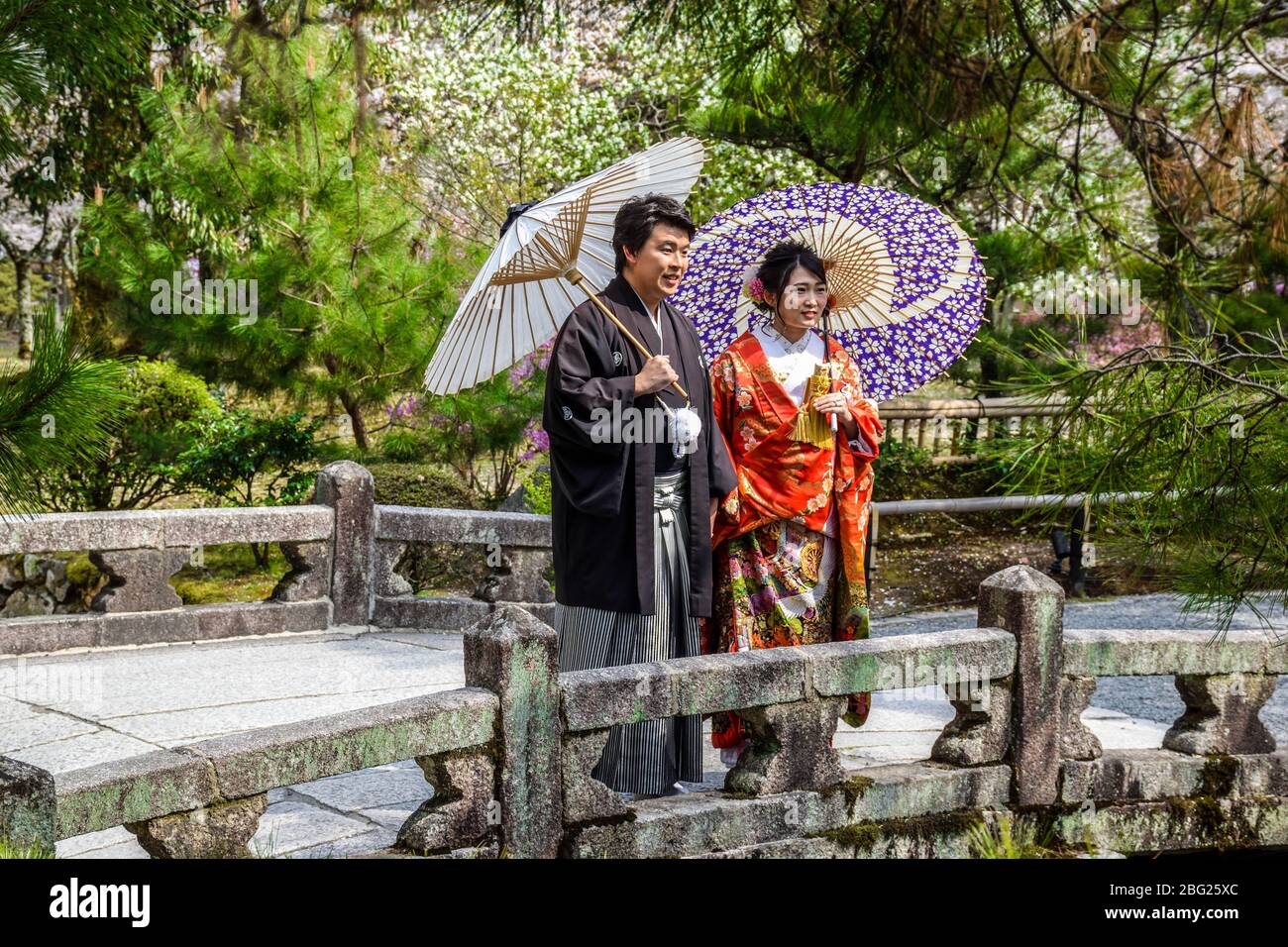 Traditional japanese wedding in special dress in japanese garden in ...