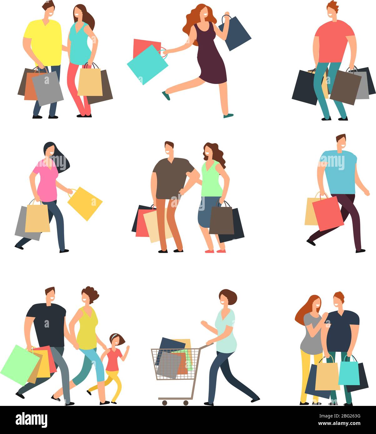 Happy shopping people. Man, woman and shoppers with gift boxes and ...