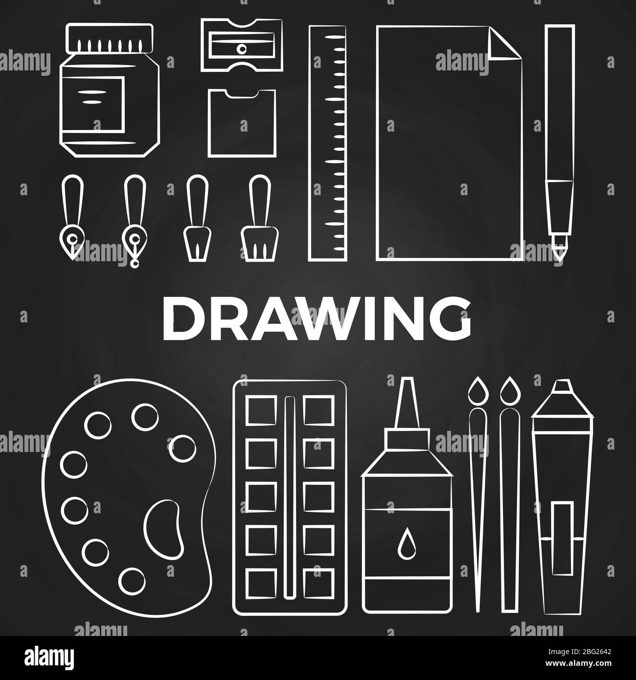 Hand drawn linear drawing stationery icons on chalkboard. Vector ...