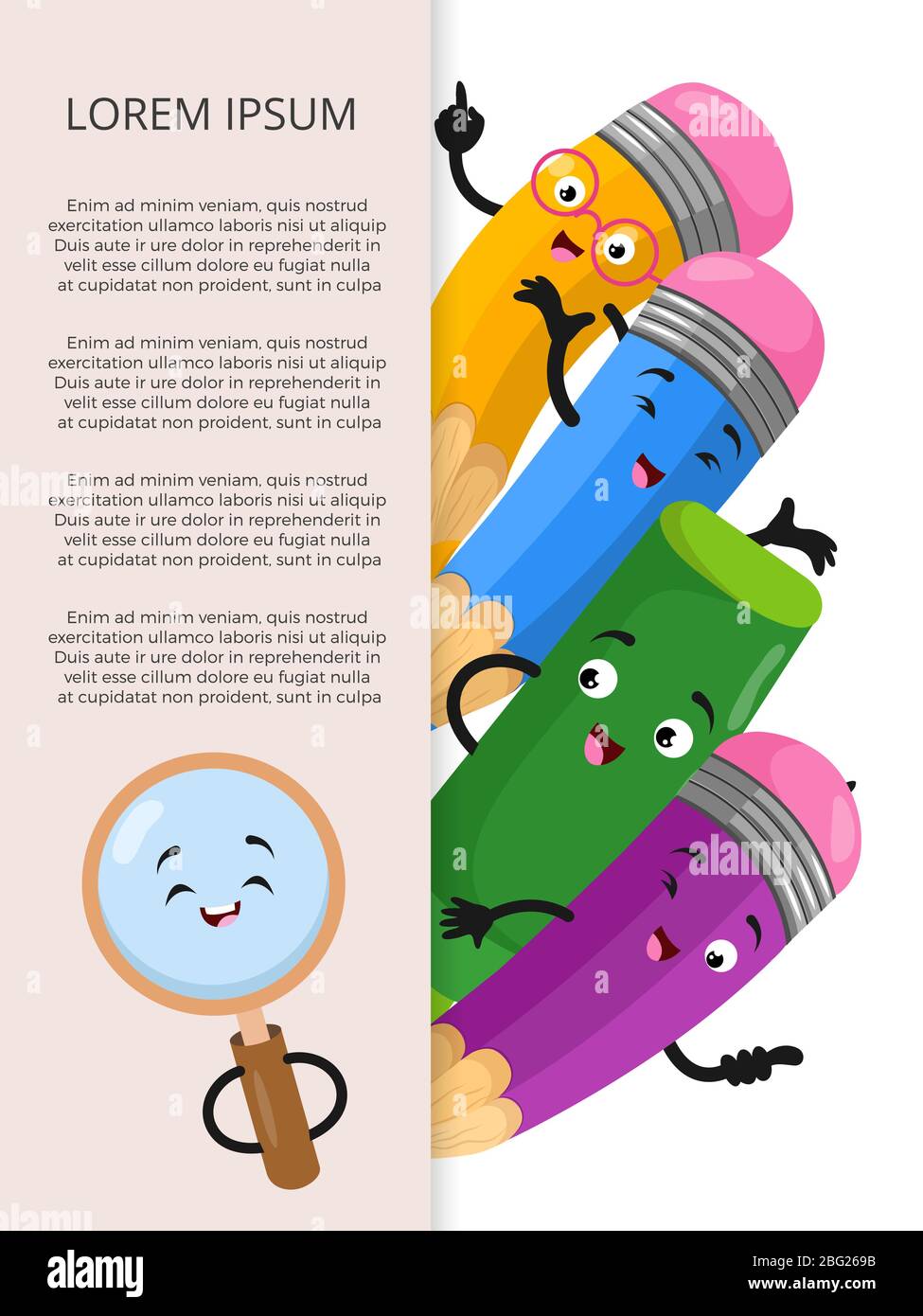 Banner template with cartoon stationery elements. Colored pencils ...