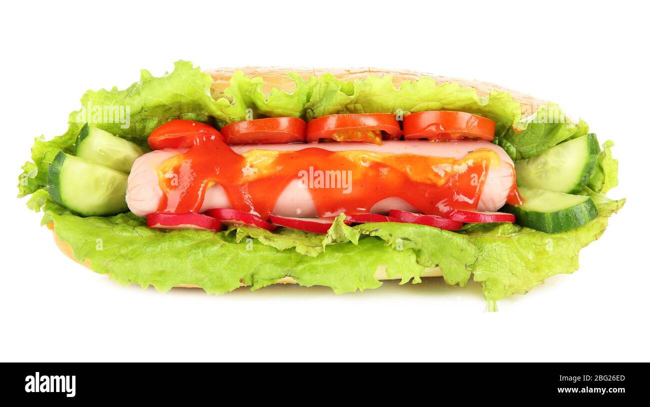 Tasty hot dog with vegetables isolated on white Stock Photo - Alamy