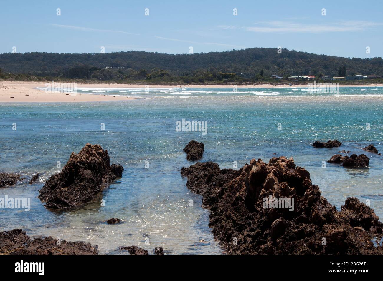 Mossy Point Australia, view across river mouth to ocean beach Stock ...