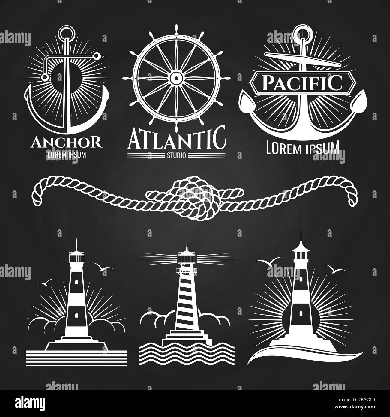 Vintage marine nautical logos and emblems with lighthouses anchors rope ...