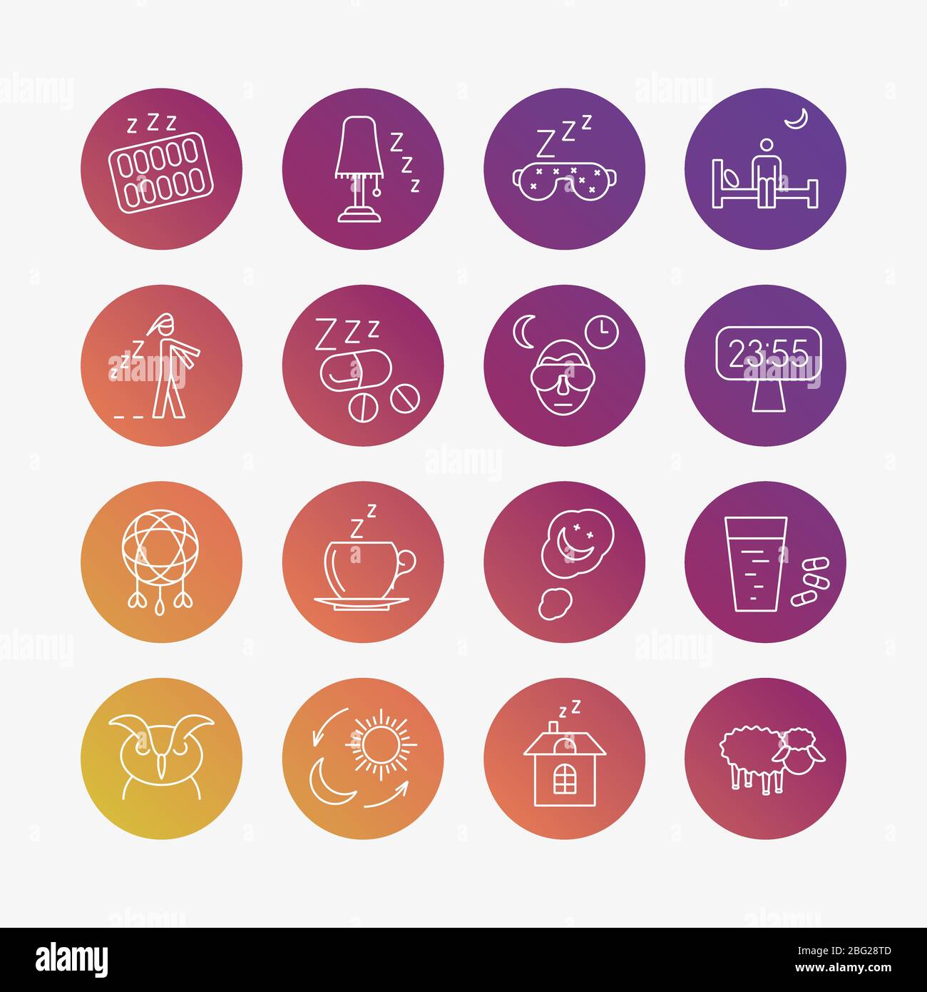 Insomnia problems linear icons on bright rounds isolated on white ...