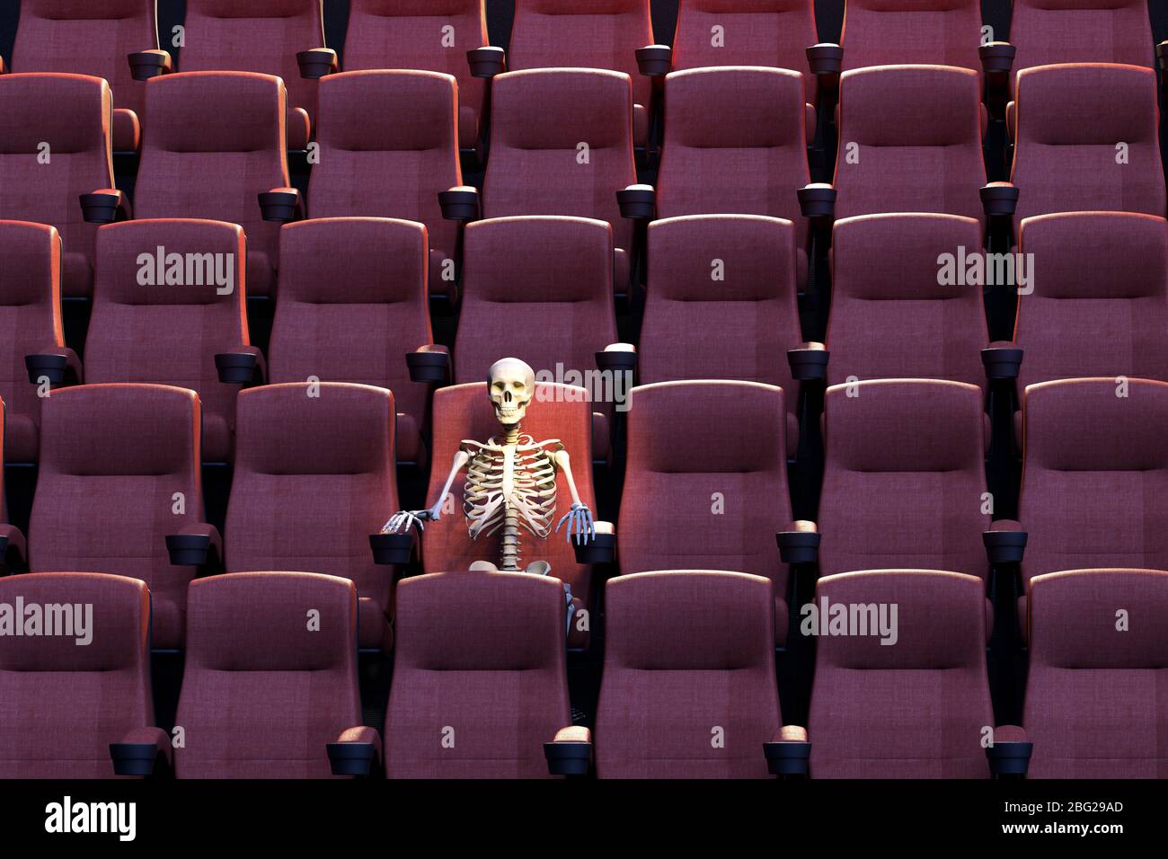 3D rendering of a skeleton in an empty movie theatre representing bored ...