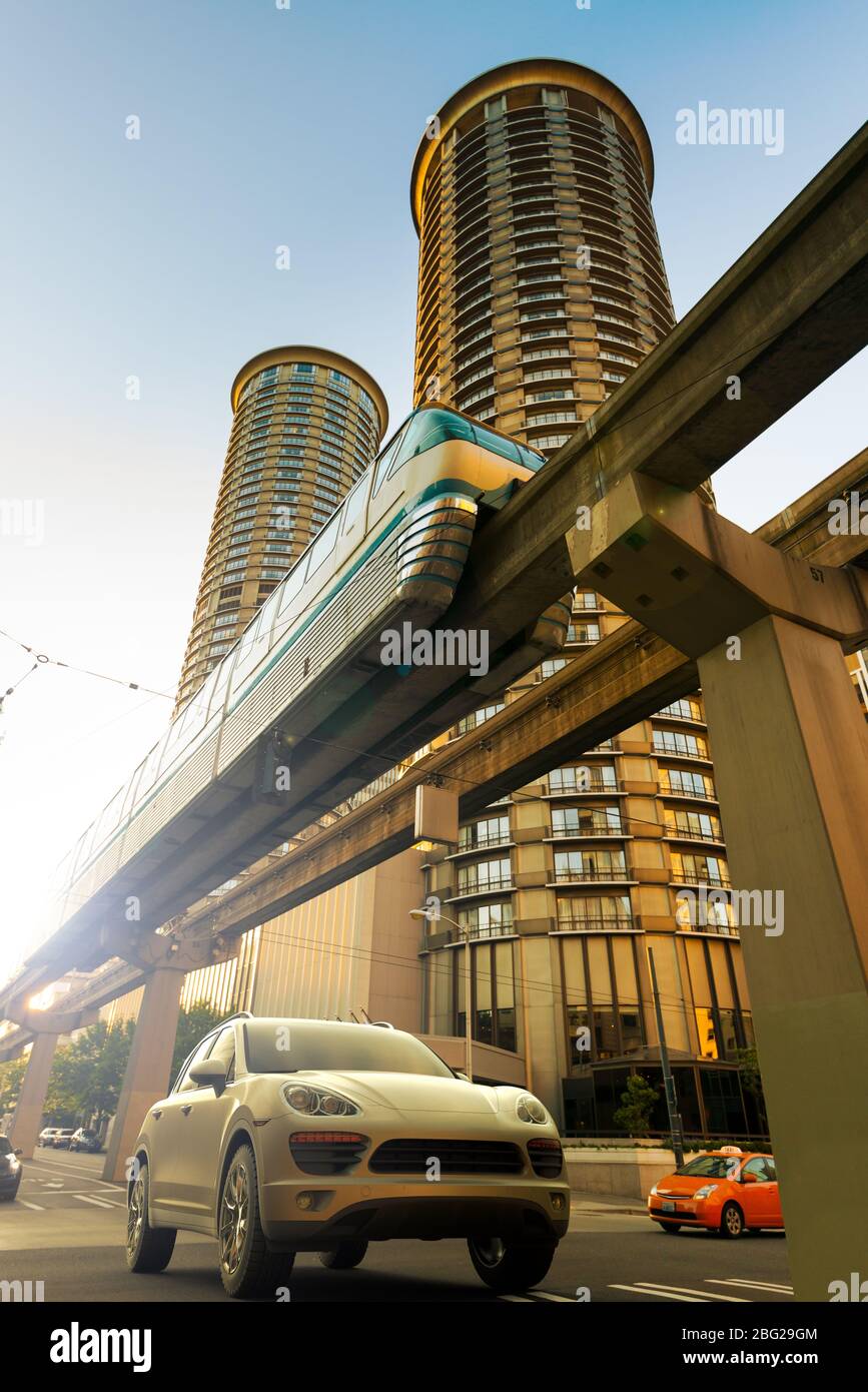 3D rendering of an SUV on motion under the Seattle monorail Stock Photo ...