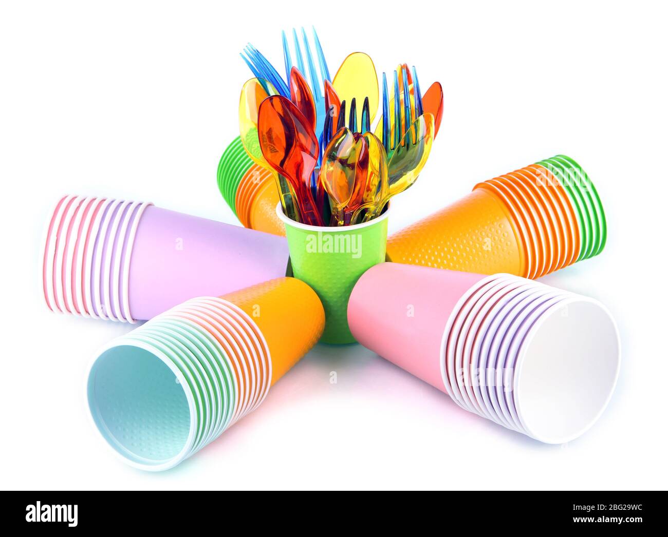 Cups,spoons and forks in different color isolated on white Stock Photo ...
