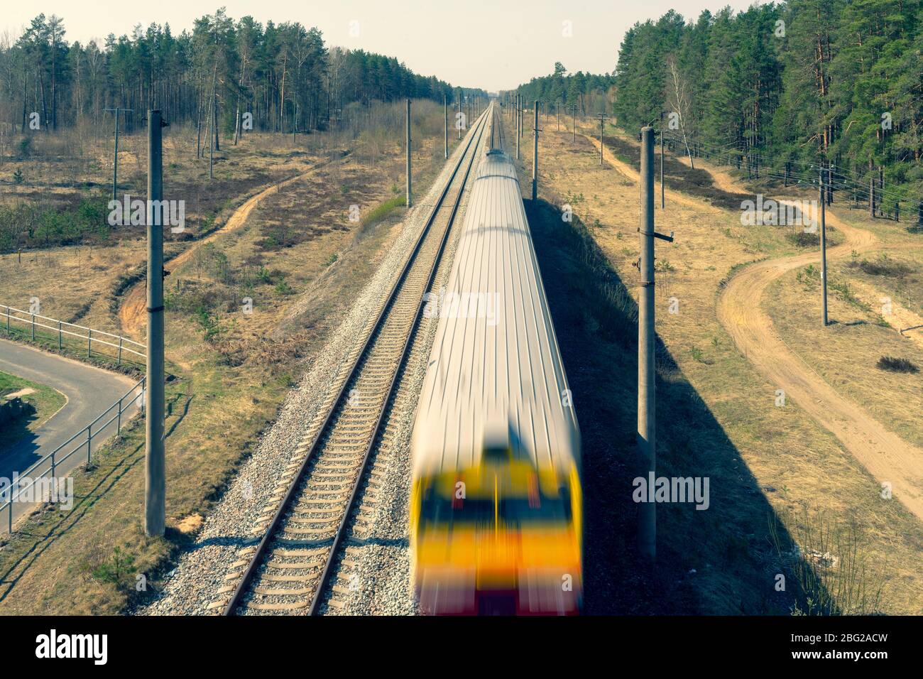 Electric train rides through the forest Stock Photo - Alamy