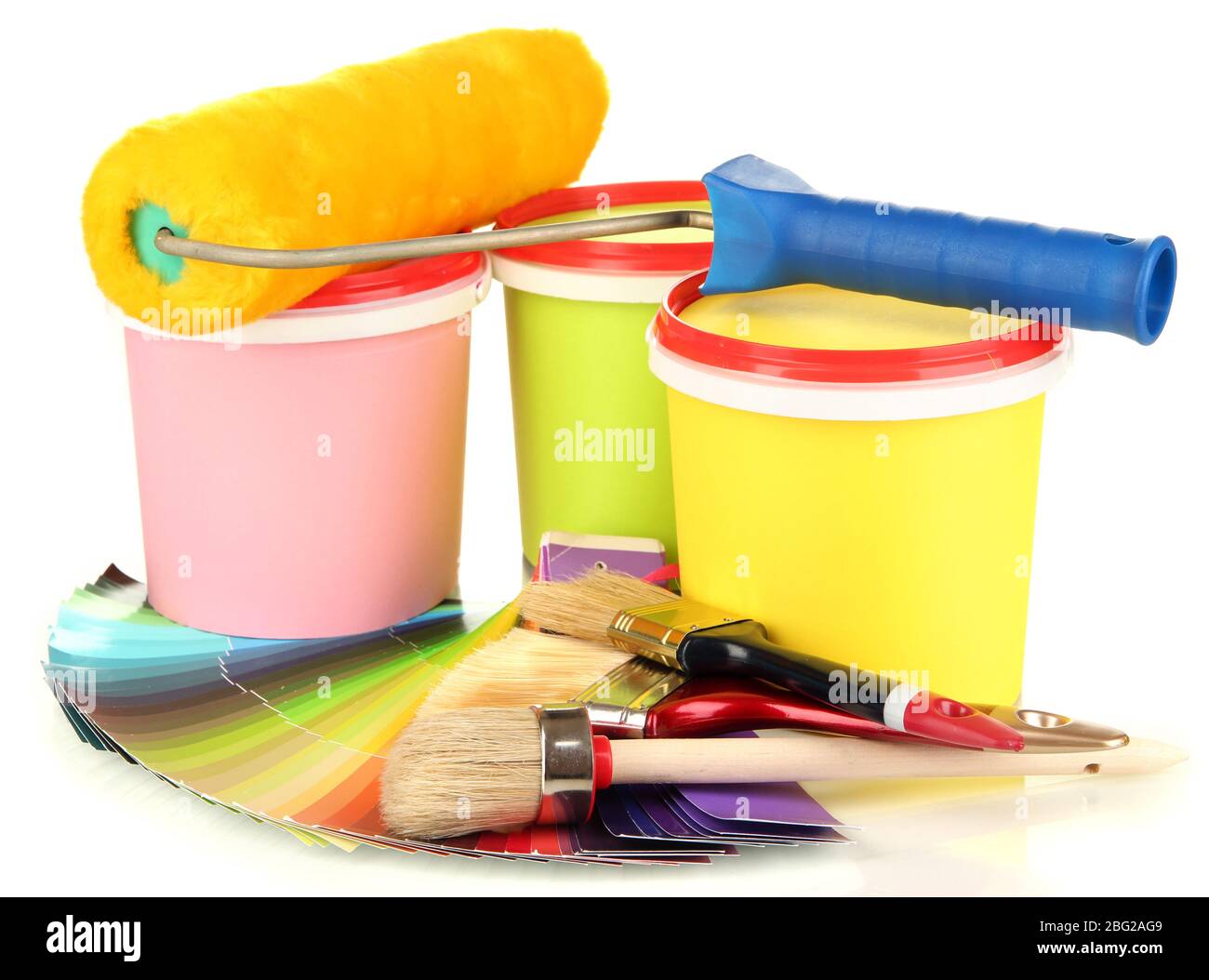 Set for painting: paint pots, brushes, paint-roller, palette of colors ...
