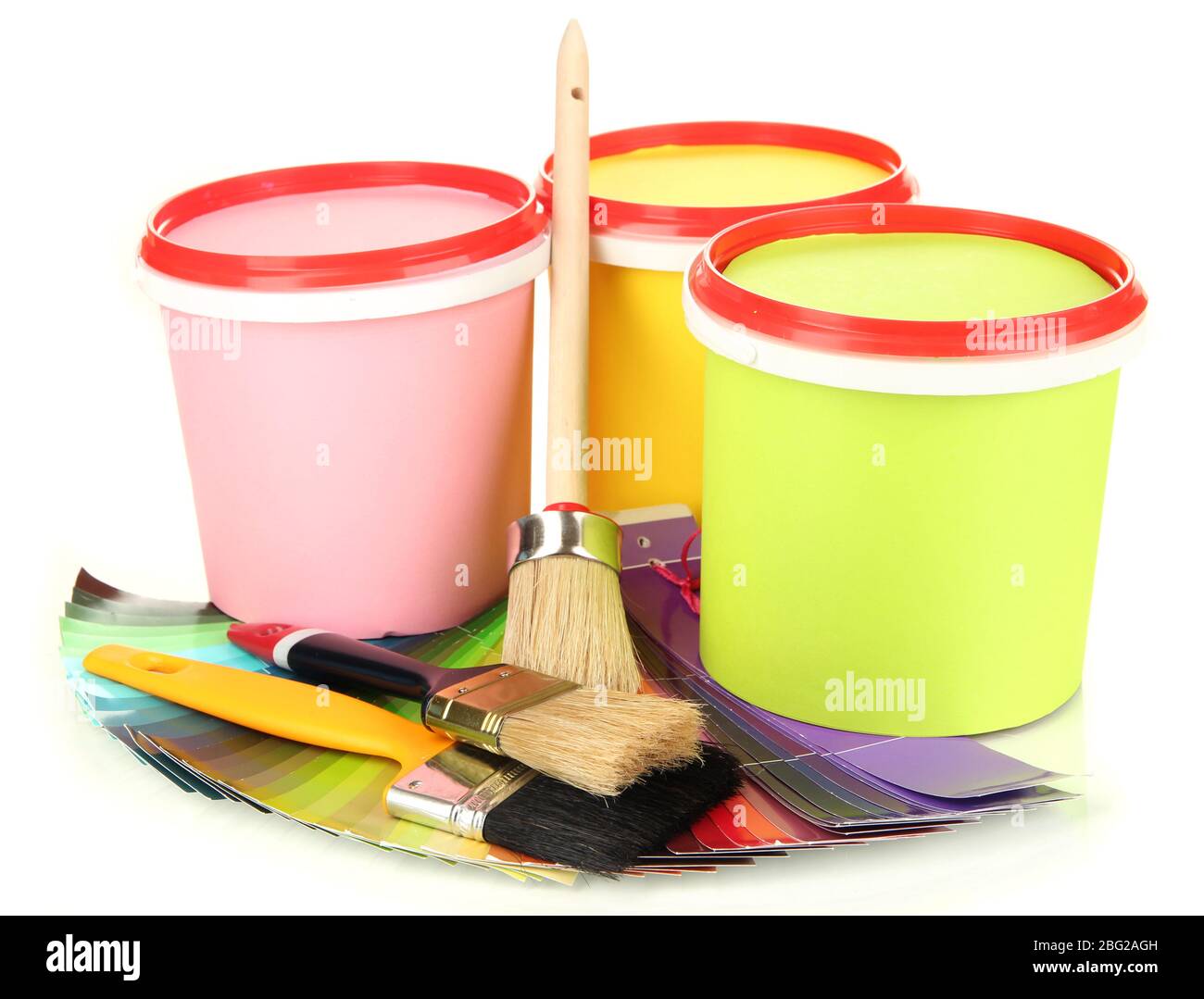 Set for painting: paint pots, brushes, palette of colors isolated on ...