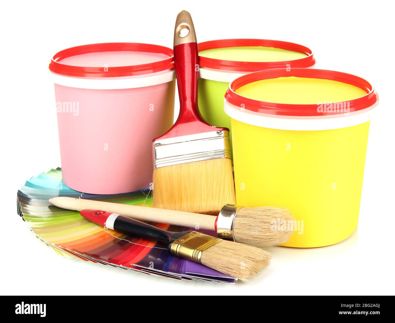 Set for painting: paint pots, brushes, palette of colors isolated on ...