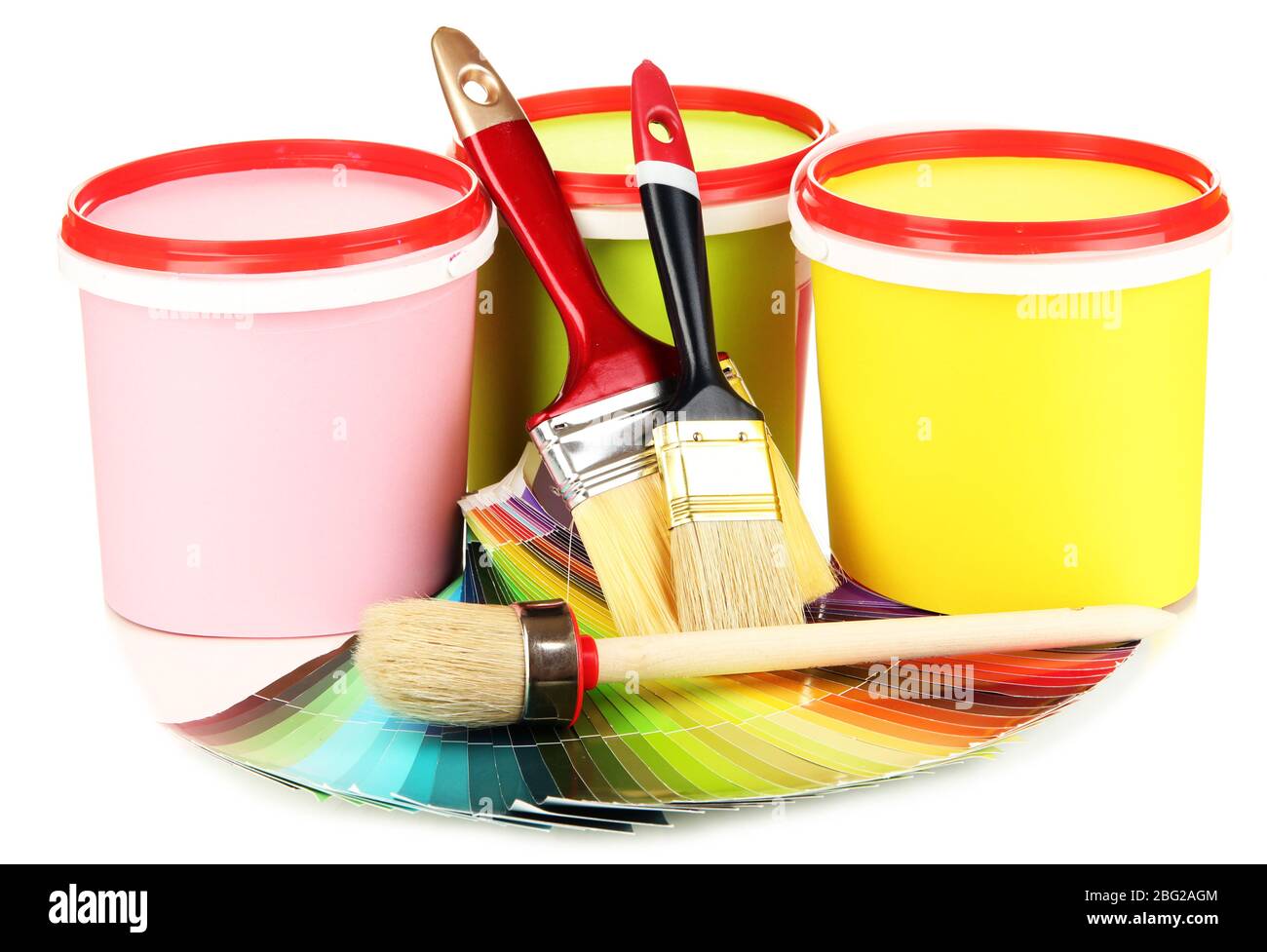 Set for painting: paint pots, brushes, palette of colors isolated on ...