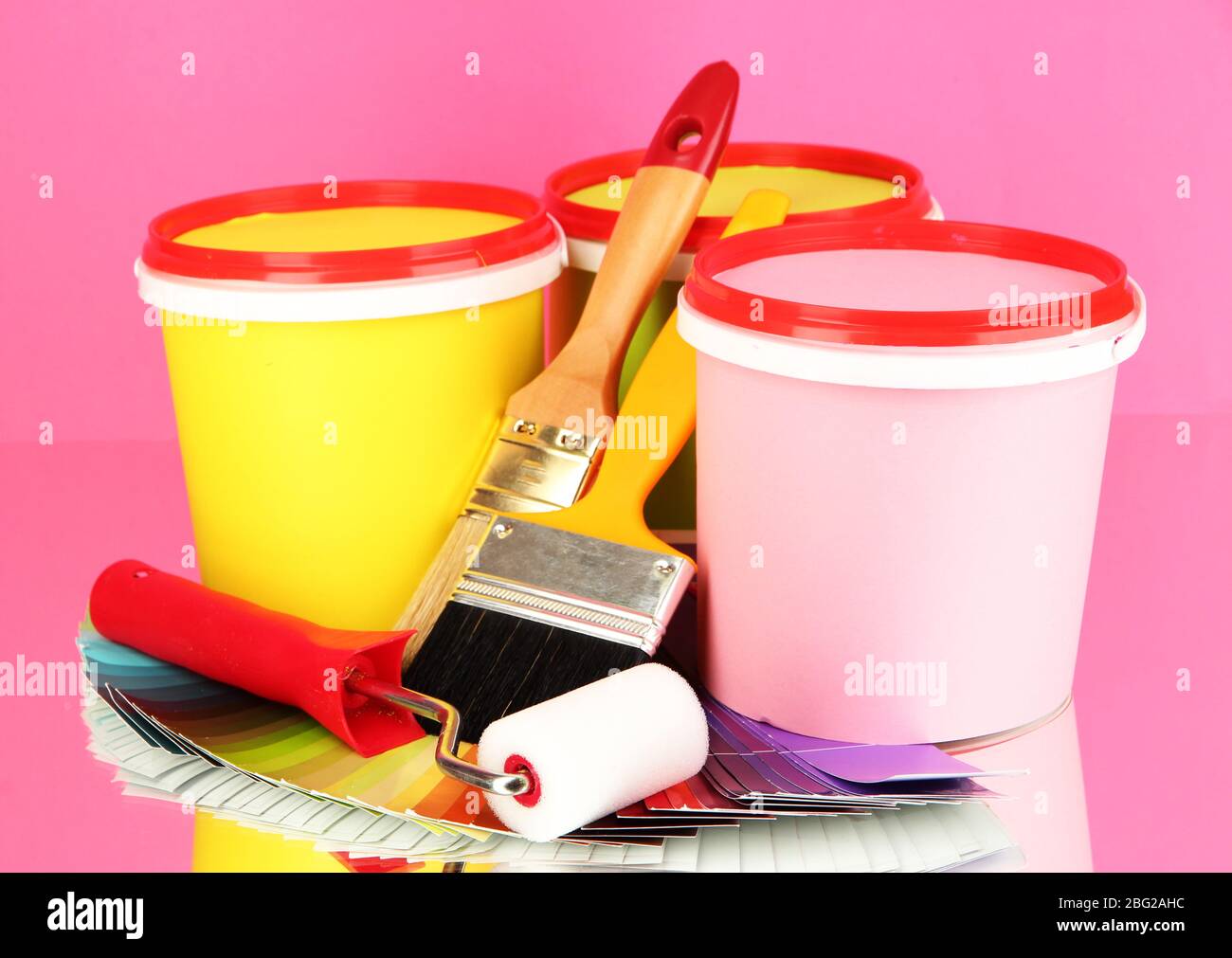 Set for painting: paint pots, brushes, paint-roller, palette of colors ...