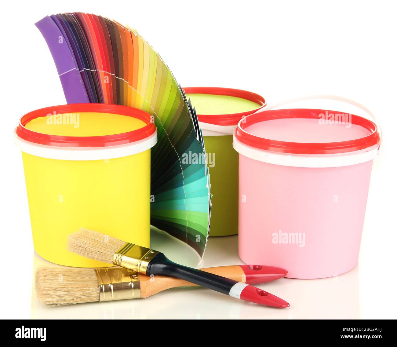 Set for painting: paint pots, brushes, palette of colors isolated on ...