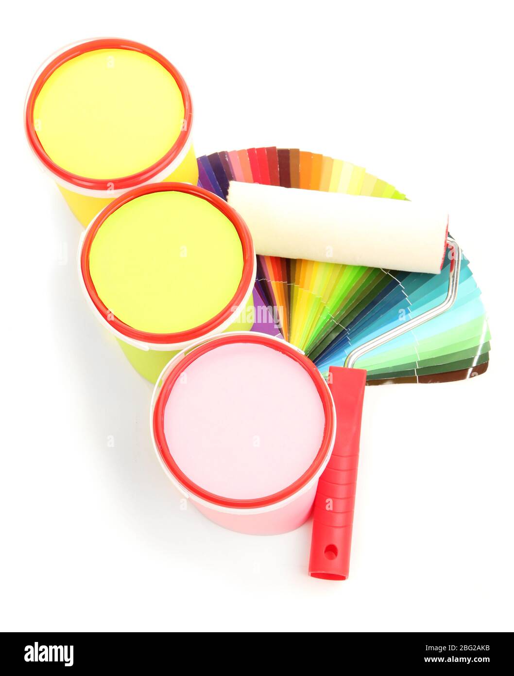 Set for painting: paint pots, paint-roller, palette of colors isolated ...