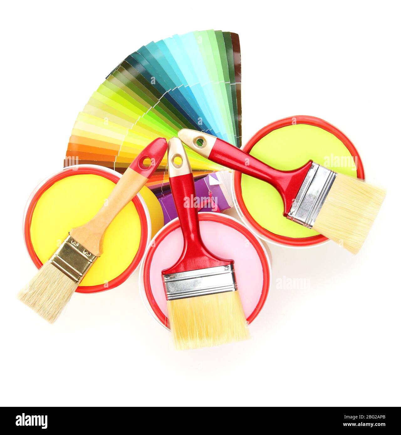 Set for painting: paint pots, brushes, palette of colors isolated on ...